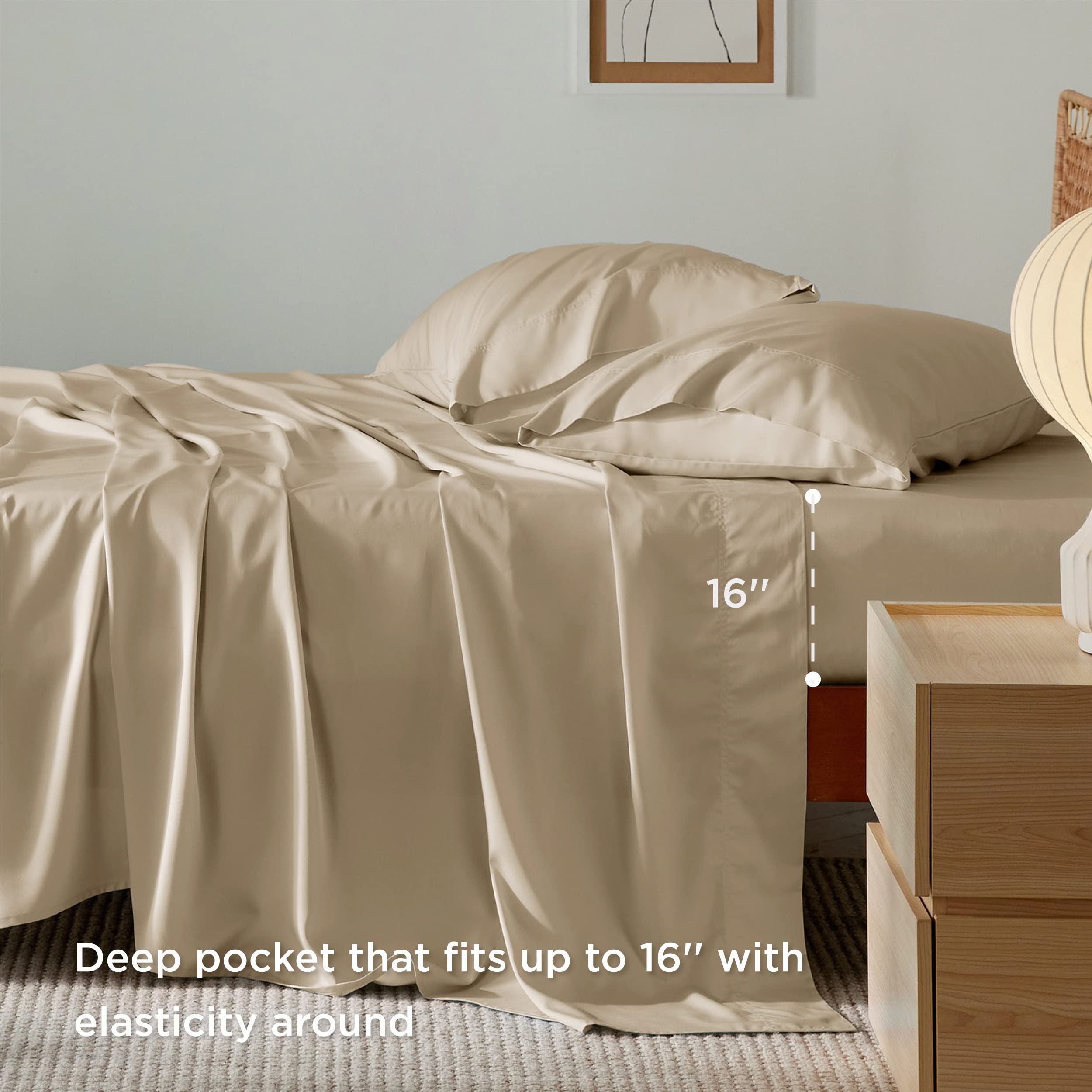 Bedsure King Size Sheet Set, Cooling Sheets King, Rayon Derived from Bamboo, Deep Pocket Up to 16", Breathable & Soft Bed Sheets, Hotel Luxury Silky Bedding Sheets & Pillowcases, Beige
