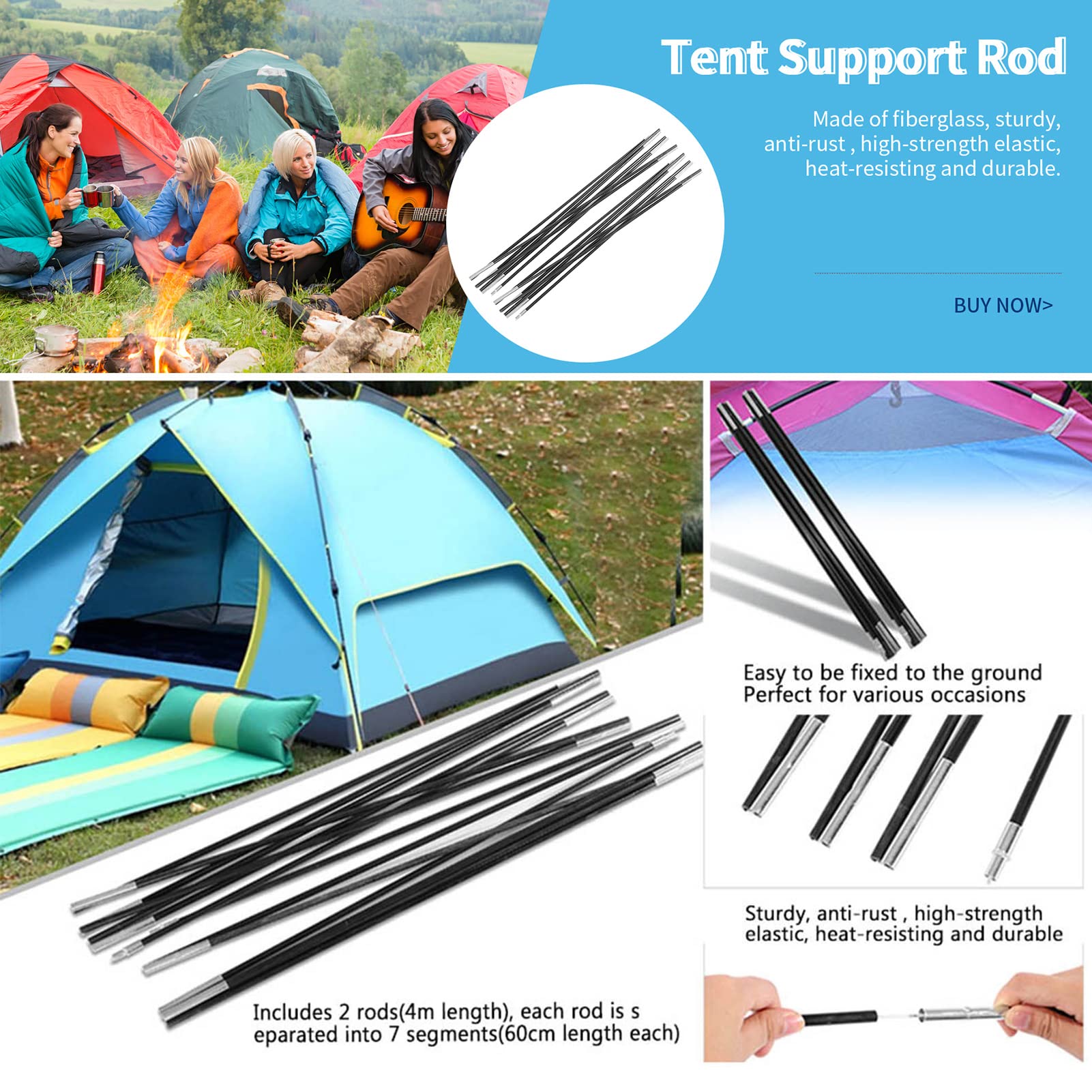 Camping Tent Pole, 3.96 M/13 Ft 2 Sets 7 Sections Portable Fiberglass Tent Support Rod Outdoor Double Tent Pole Frames Kit for Camping Hiking Outdoor Activity