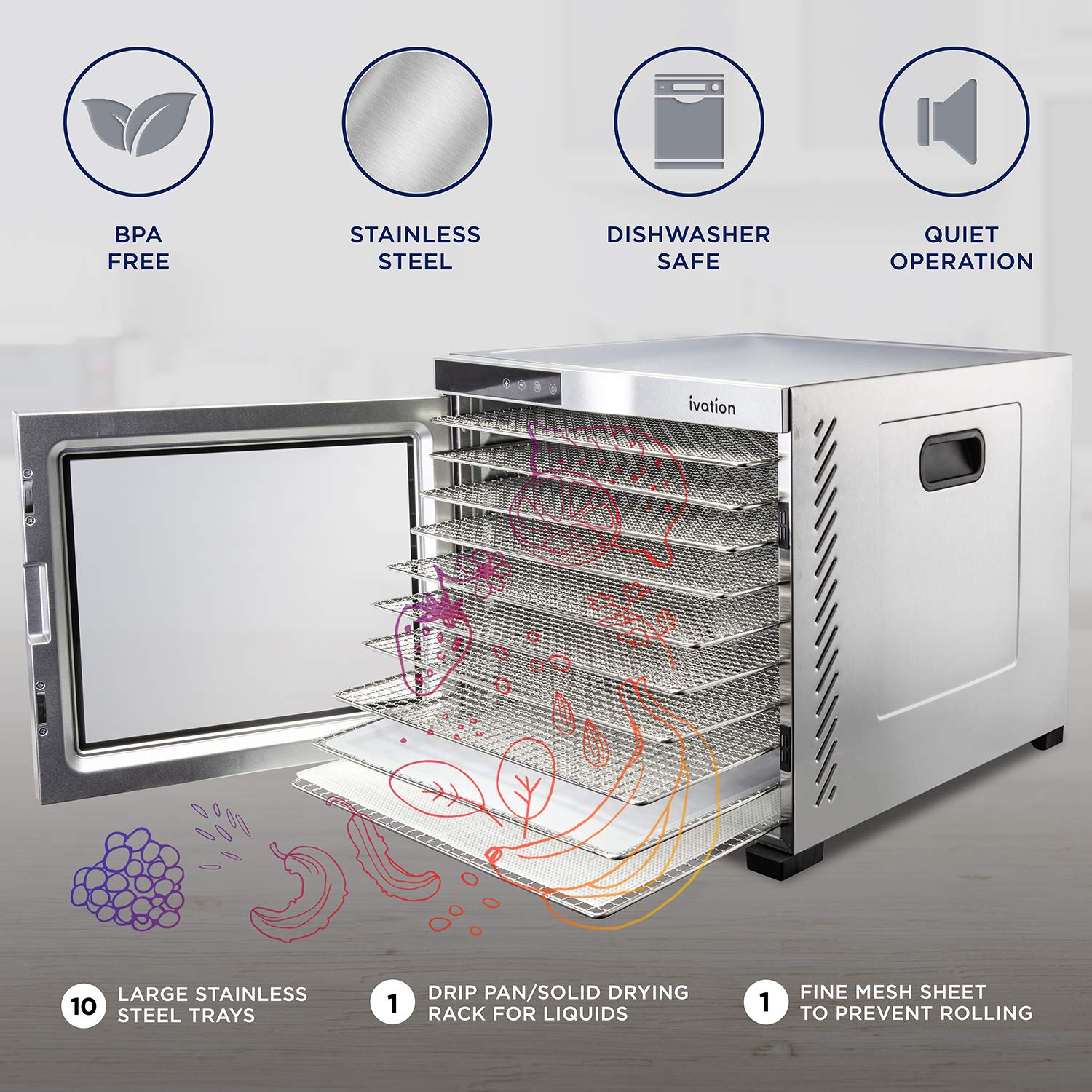 Ivation 6 Tray Commercial Food Dehydrator Machine |600w, Easy Setup, Digital Adjustable Timer and Temperature Control | Dryer for Jerky, Herb, Meat, Beef, Fruit and To Dry Vegetables | Stainless Steel