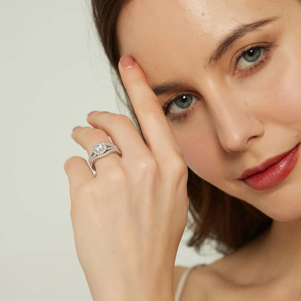 BERRICLE Sterling Silver Halo Wedding Engagement Rings Round Cubic Zirconia CZ Split Shank Ring Set for Women, Rhodium Plated Size 8