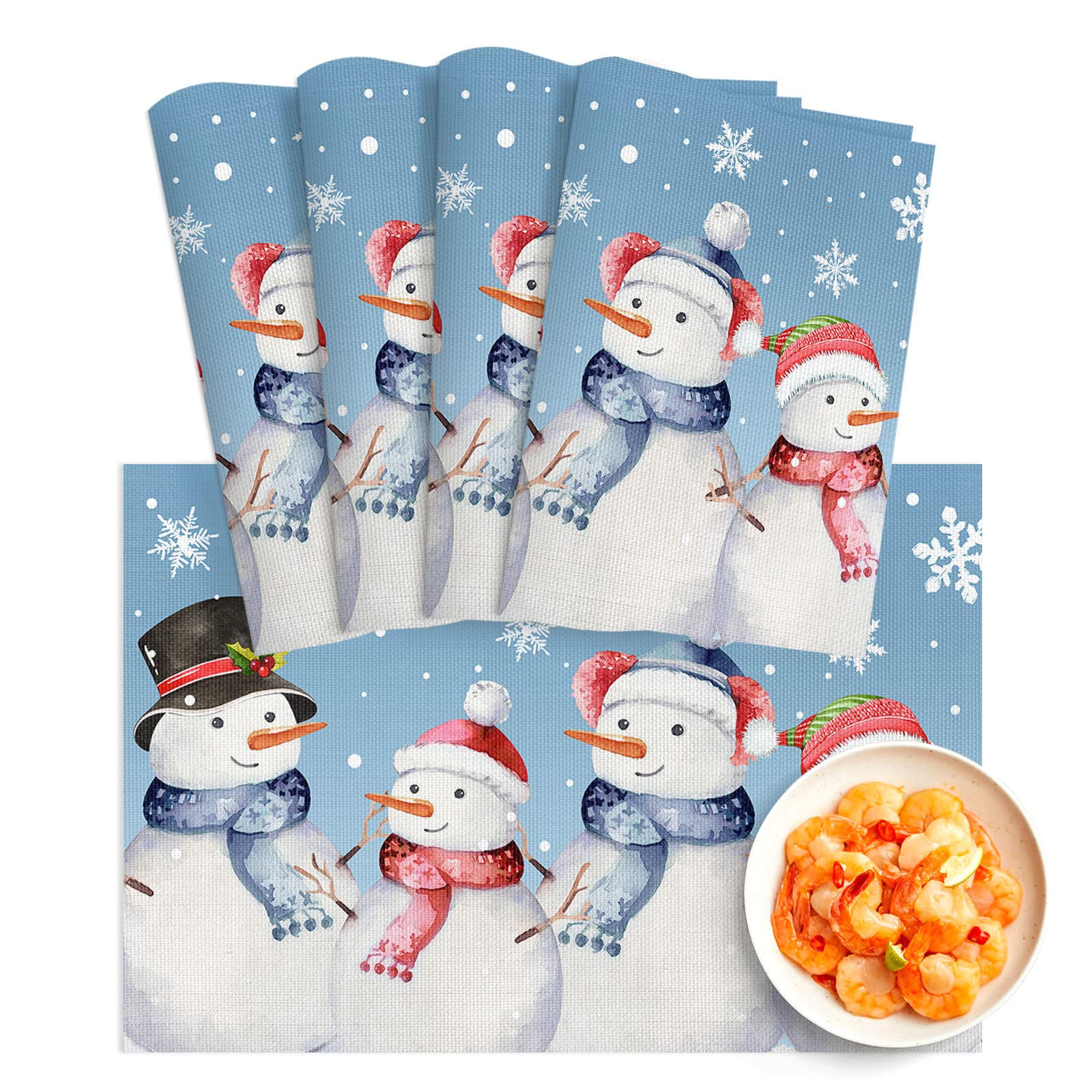 Christmas Snowman PVC Placemats Set of 4 for Dining Table, Washable Wipeable Vinyl Table Mats, Xmas Winter Snowflake Non-Slip Place Mats Indoor for Kitchen Table Party Kids