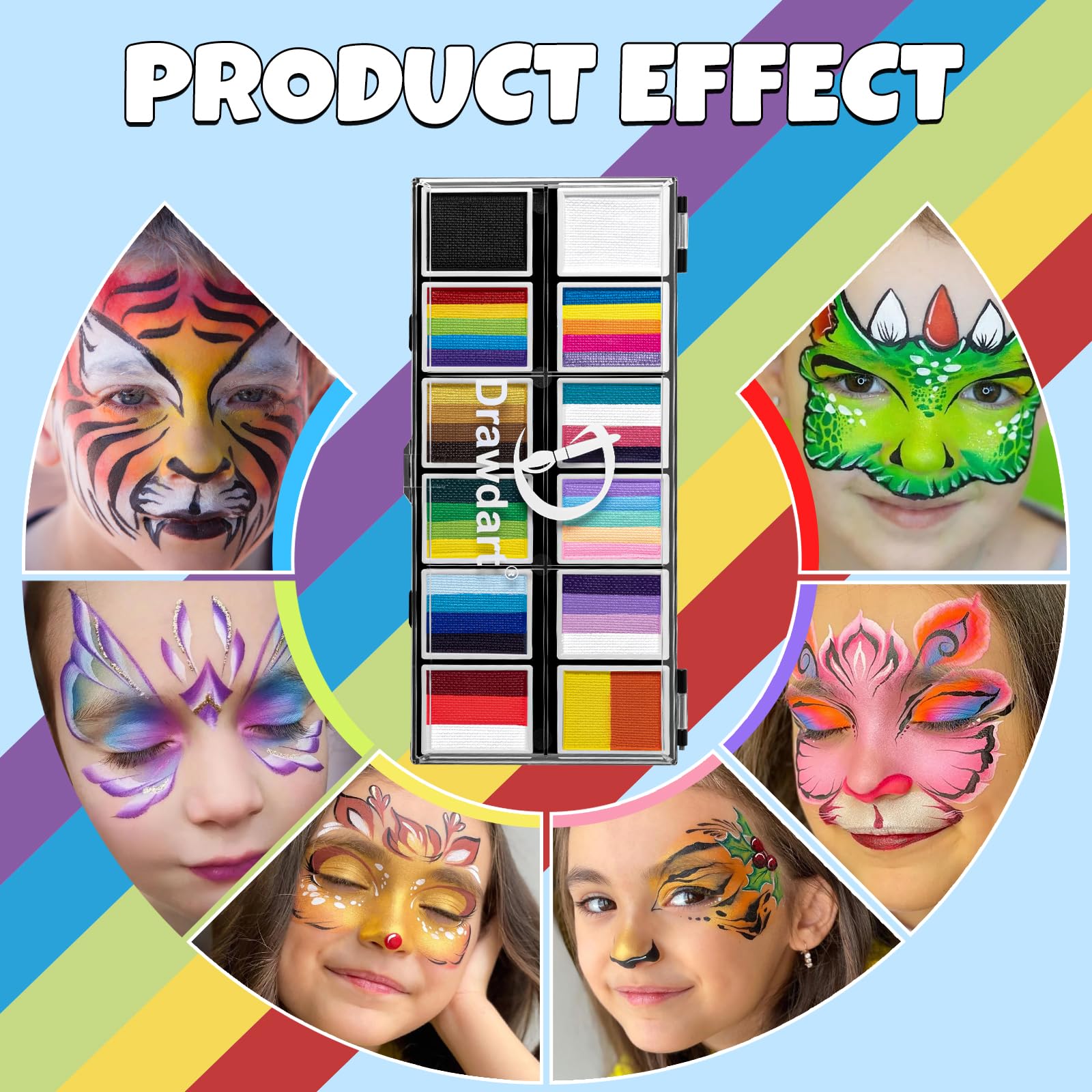 Drawdart Professional Face Painting Kit for Kids Adults, Split Cake Face Paint Palette 12 x 10gm with Stencil, One Stroke Non Toxic Rainbow Face Body Paint Set Halloween Christmas Makeup
