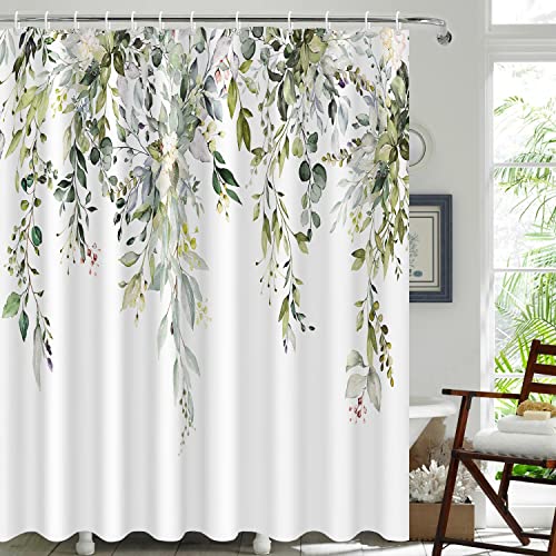 Nuseiis Sage Green Eucalyptus Shower Curtain, Watercolor Plant Leaves Shower Curtain with 12 Hooks, Decorative Botanical Shower Curtain 72 x 72 Inch