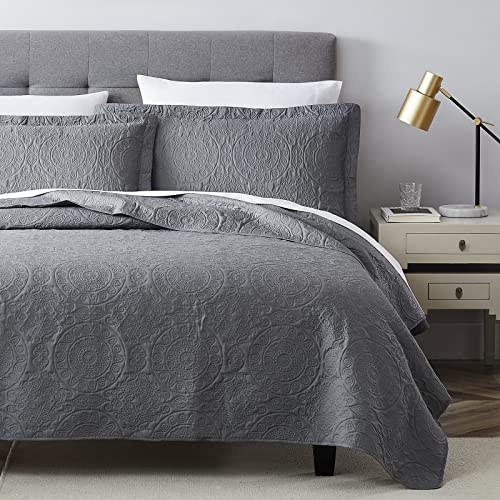 Shanghan Home Grey Quilt Set, 3 Piece King Size Soft Bedspread & Coverlet Set for All Season, Lightweight Coin Pattern Quilt Bedding Set - 100% Microfiber - 104"x94"(1 Quilt, 2 Shams)