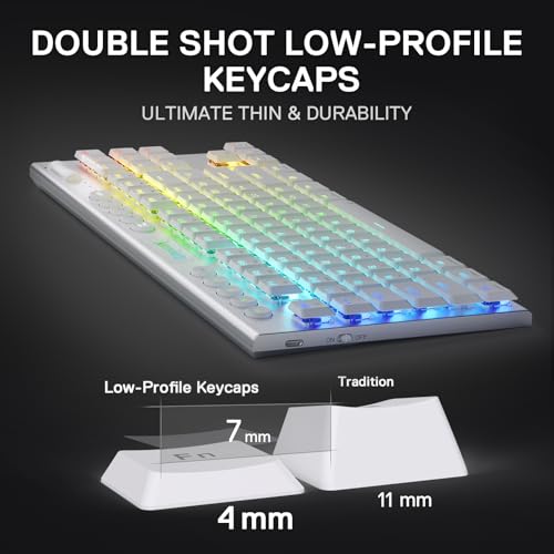 Redragon K621 Horus TKL Wireless RGB Mechanical Keyboard, 5.0 BT/2.4 Ghz/Wired Three Modes 80% Ultra-Thin Low Profile BT Keyboard w/Dedicated Media Control & Linear Red Switches, White