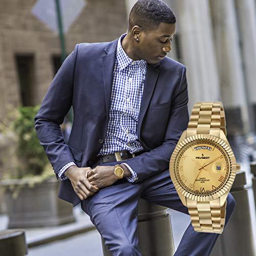 Peugeot 14K All Gold Plated Big Face Luxury Watch with Day Date Windows, Roman Numerals & Coin Edge Fluted Bezel Watch