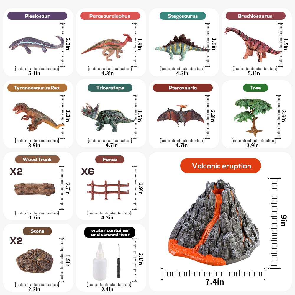 kramow Dinosaur Volcano Figures Toy with Mat, Mist-spouting Volcano Playset with Realistic Dinosaurs,Stone and Tree to Create a Dinosaur World Educational for Kids Boys Girls Age 3+