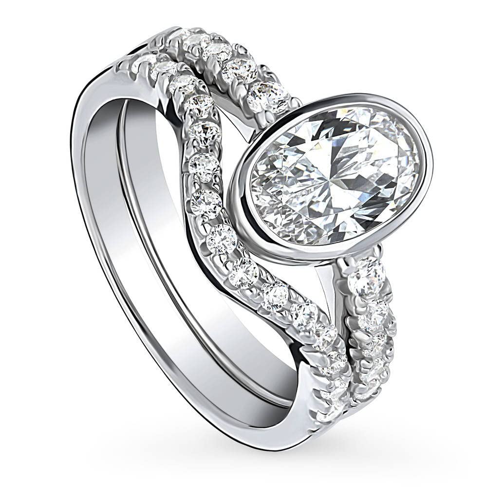 BERRICLE Sterling Silver Solitaire Wedding Engagement Rings 1.4 Carat Bezel Set Oval Cut Cubic Zirconia CZ Ring Set for Women, Rhodium Plated Size 6