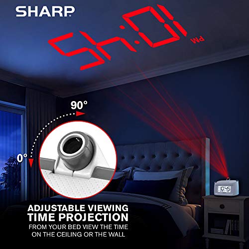SHARP Projection Alarm Clock with Soothing Nature Sleep Sounds β Easy to Read Projection on Wall or Ceiling β 8 Sleep Sounds to Help Fall Asleep Faster, White Case with Gunmetal Trim