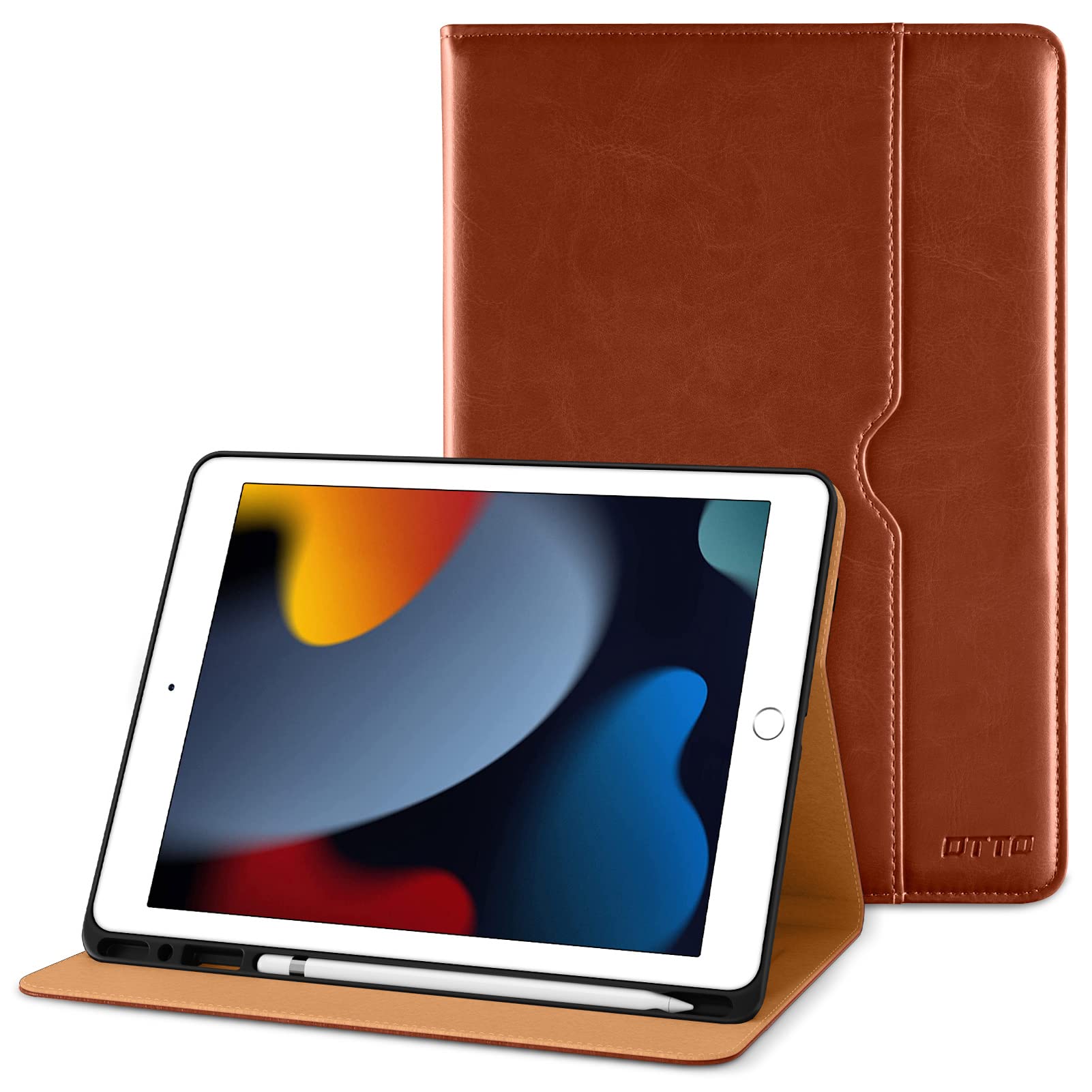 DTTO iPad 9th/8th/7th Generation 10.2 Inch Case 2021/2020/2019, Premium Leather Business Folio Stand Cover with Tempered-Glass Screen Protector & Alignment Frame, Dark Brown