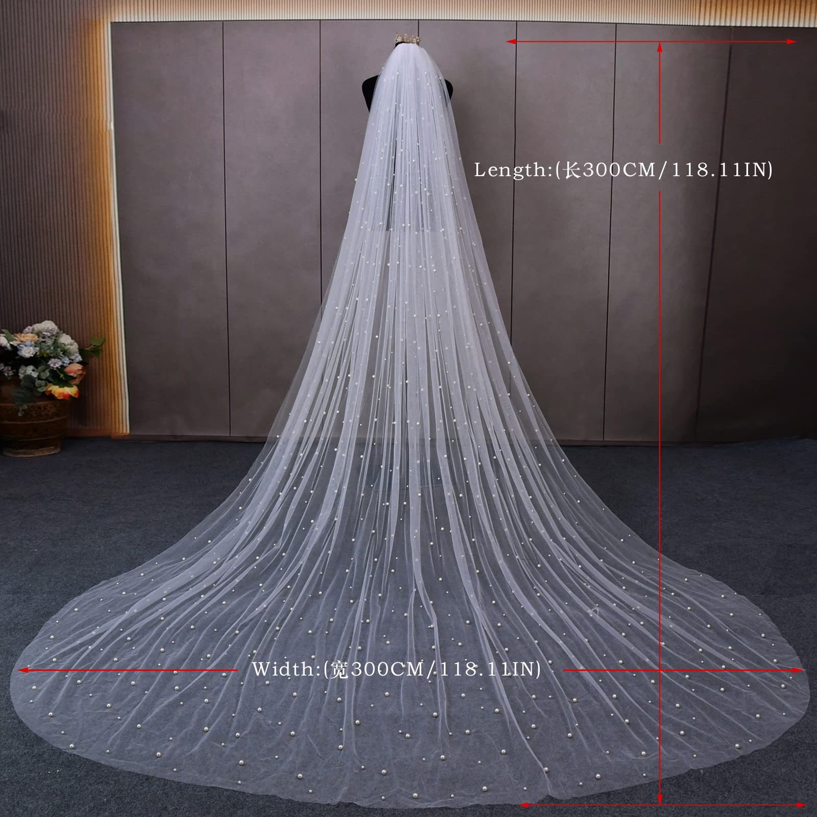 Bridal Wedding Veil 118" Long Cathedral Length Pearl Bridal Veil with Comb Y
