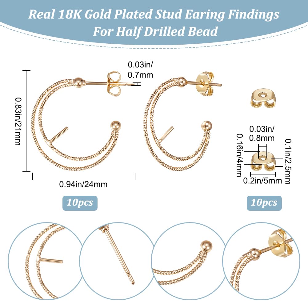 Beebeecraft 1 Box 10Pcs Half Hoop Earrings 18K Gold Plated Geometry Double Round Studs Earring Finding with 10Pcs Ear Nuts for Half Drilled Beads Earring Making Supplies Pin: 0.7mm