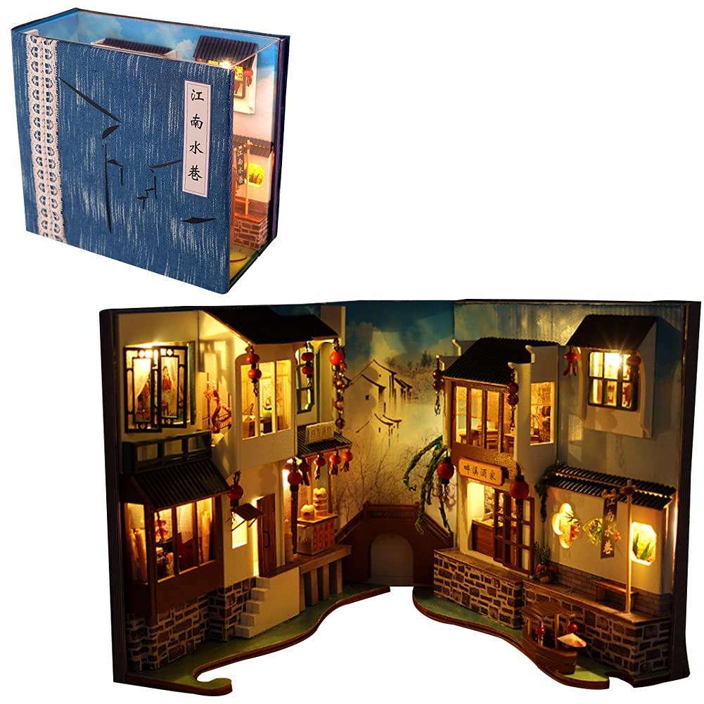 WonDerfulC 3D Wooden Book Stand Puzzle DIY Dollhouse Wood Bookends Book Nook Model Building Kit with LED Light for Teens and Adults to Build-Creativity Gift for Birthdays Christmas Halloween