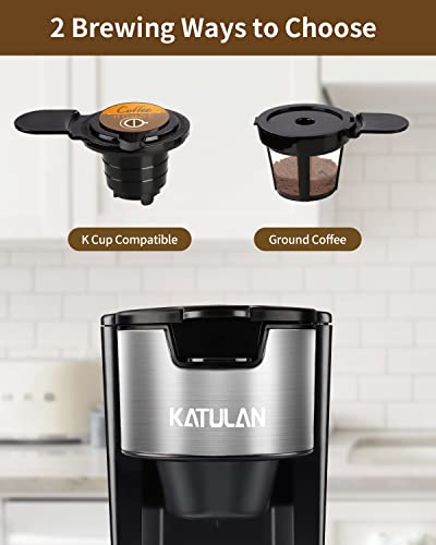 Single Serve Coffee Maker K Cup & Ground Coffee, One Cup Brews 6-14 Oz in 2 Mins, Fits Travel Mugs, with 30 Oz Removable Water Tank, Reuseable Filter, Black