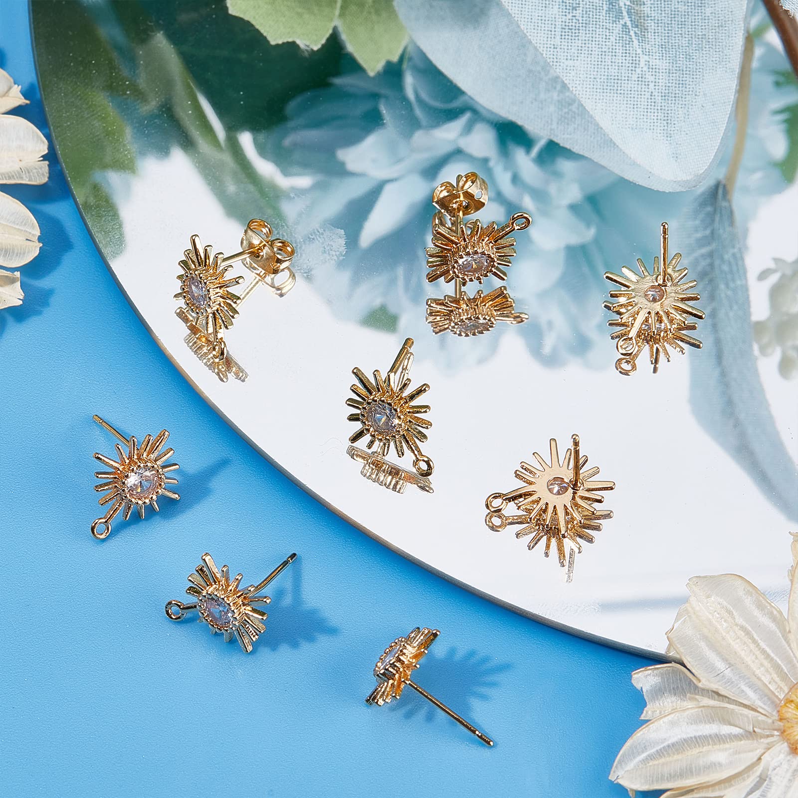 Beebeecraft 10Pcs/Box 18K Gold Plated Sun Earring Findings Cubic Zirconia Earring Posts with Sterling Silver Pins and Butterfly Earring Backs for DIY Earring Jewelry Making