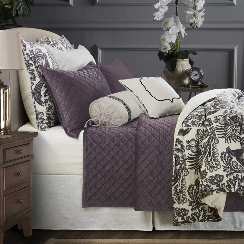HiEnd Accents French Country Bedding Augusta Toile 7 Piece Duvet Cover Set with Duvet Cover, 2 Pillow Shams, 3 Euro Shams, 1 Decorative Pillow, Super Queen Size, Amethyst French Toile Bedding