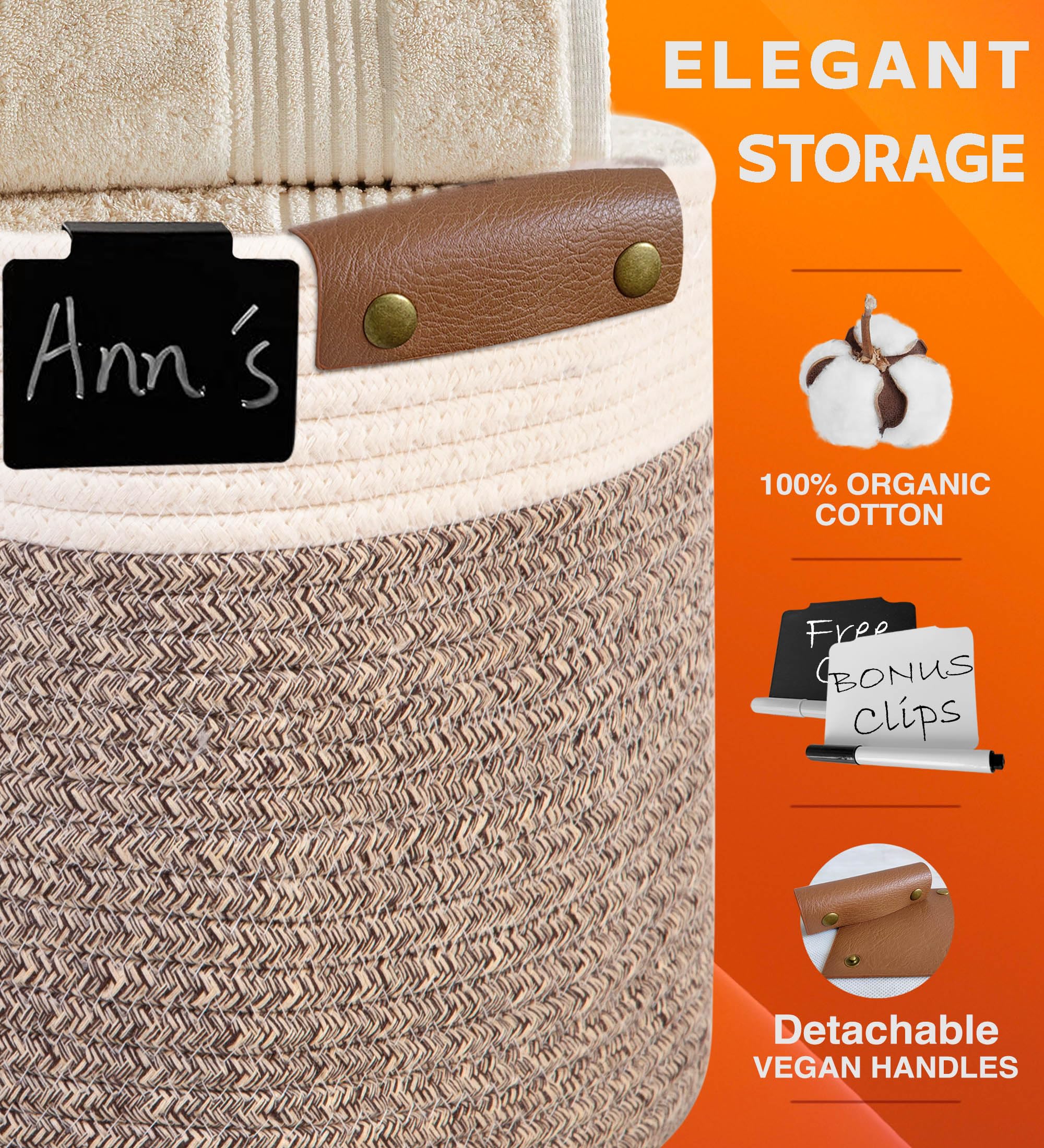 Cotton Rope Baskets for Organizing β Storage Baskets for Shelves | 15"x10"x9" | Rope Basket for Storage, Small Laundry Baskets, Woven Baskets for Storage, Dog Toy Bin, Baby Basket, Creamy White &Brown