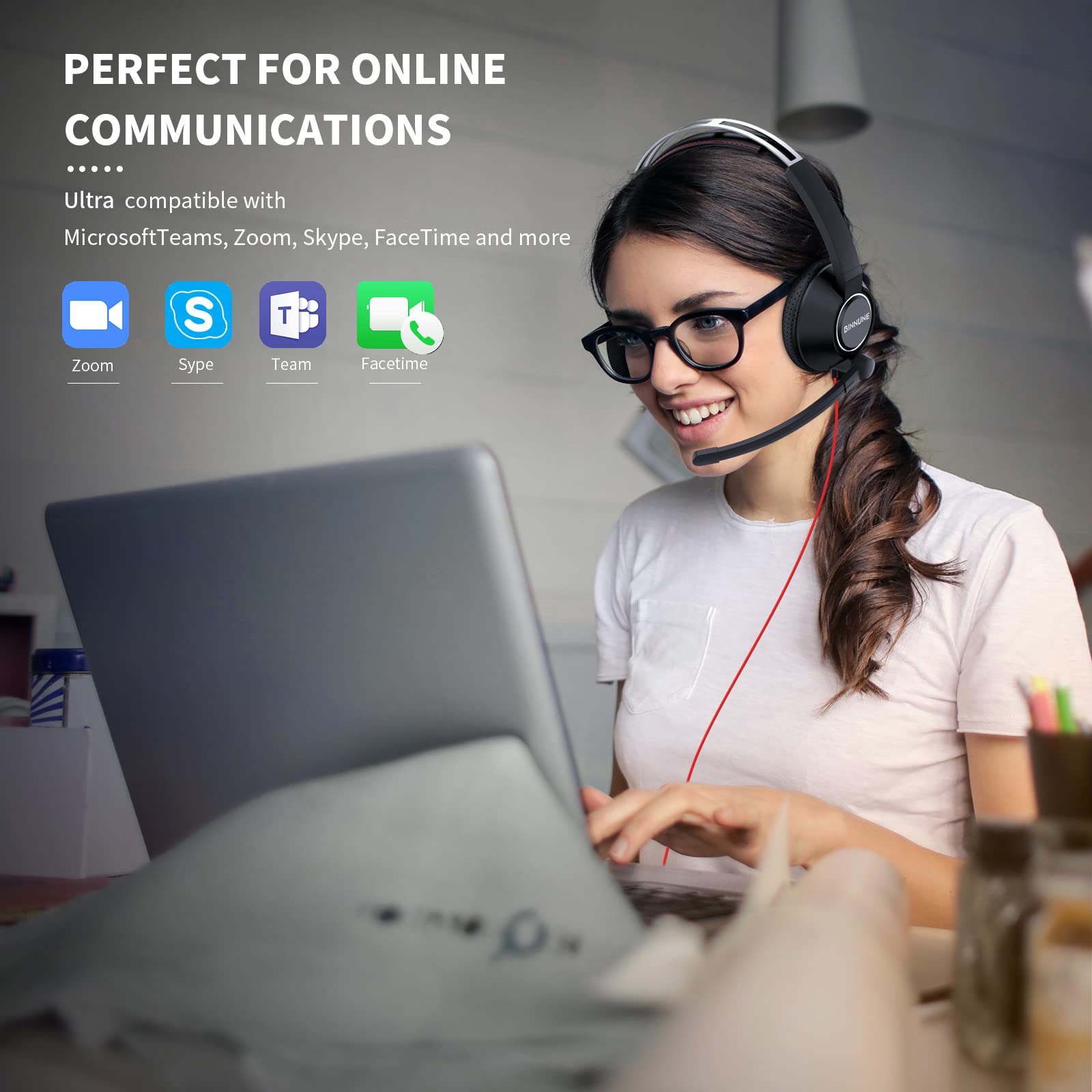 BINNUNE USB Headset with Microphone for Computer Laptop Zoom Conference Call Center, PC Office Wired Stereo Headphones Noise Cancelling Boom Mic