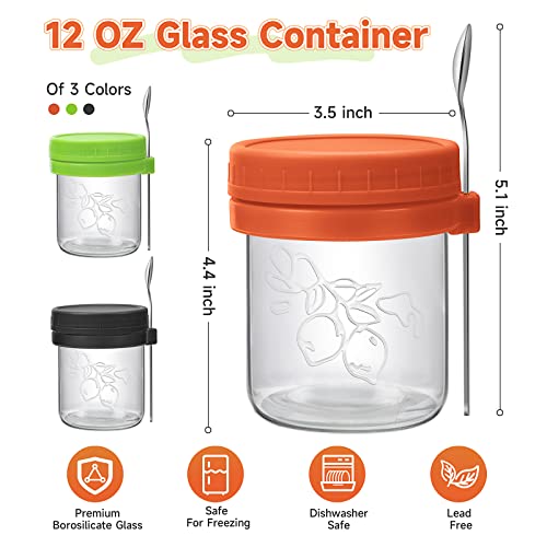 DREAMOSA 3 Set Overnight Oats Containers with Lids and Spoon 12 Oz Glass Mason Overnight Oats Jars (Green-Orange-Grey)