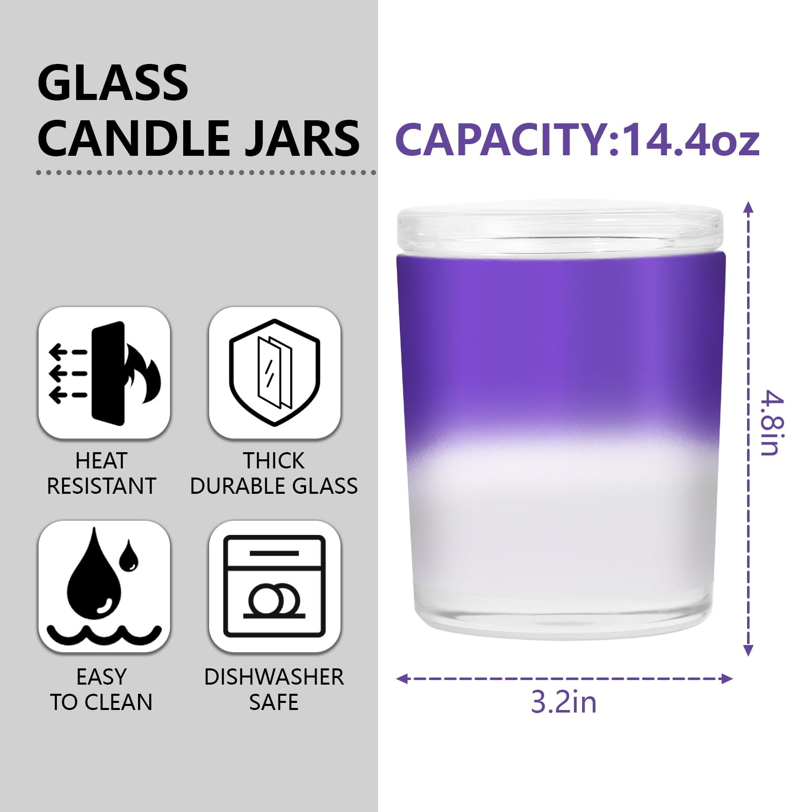DRUNKEN 6 Pack Candle Glass Jars, 14.4oz Large Purple White Gradient Empty Candle Jars with Glass Lids, Bulk Candle Containers for Making Candles - Dishwasher Safe