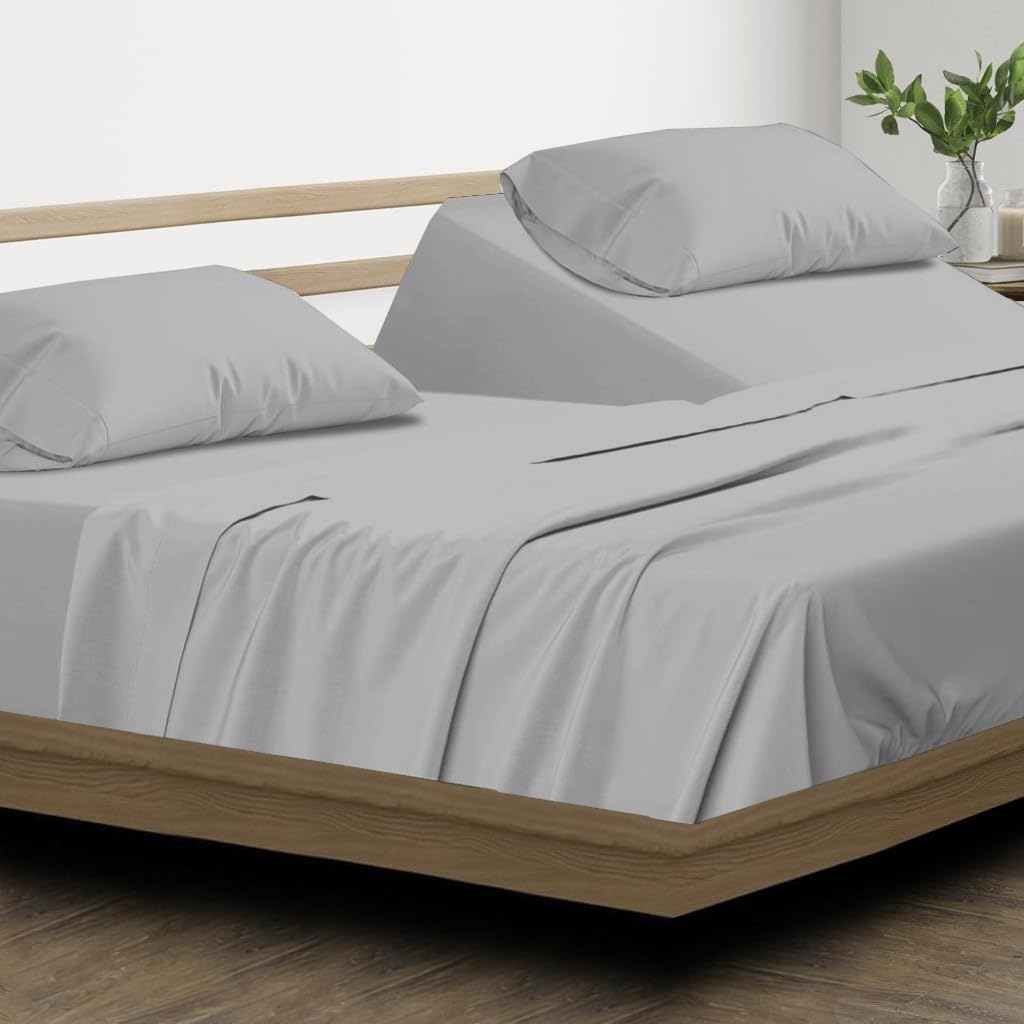 Bintu Top Split King Sheets Sets For Adjustable Beds - 800 Thread Count -100% Egyptian Cotton 4Pcs Bed Sheets, 18'' Inch Deep Pocket, Silver Solid - Split Down 34 Inches From The Top
