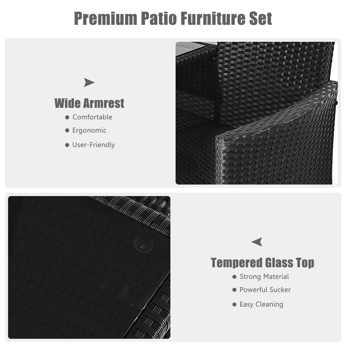 LDAILY Patio Conversation Set, Modern Rattan Loveseat, Outdoor Furniture Set with Removable Cushions & Table, Patio Wicker Sofa Set, Tempered Glass Top, Ideal for Garden Lawn Backyard