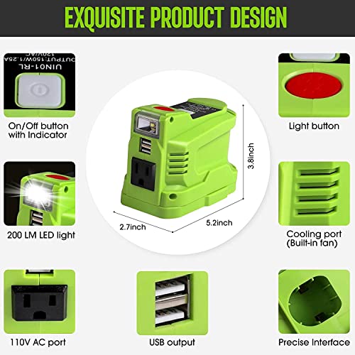 Portable Power Supply Inverter for Ryobi 18V Lithium Battery, TEPULAS DC 18V to AC 120V Power Inverter Generator 150W, Power Source USB Phone Charger Adapter for Ryobi with AC Outlet & LED Light
