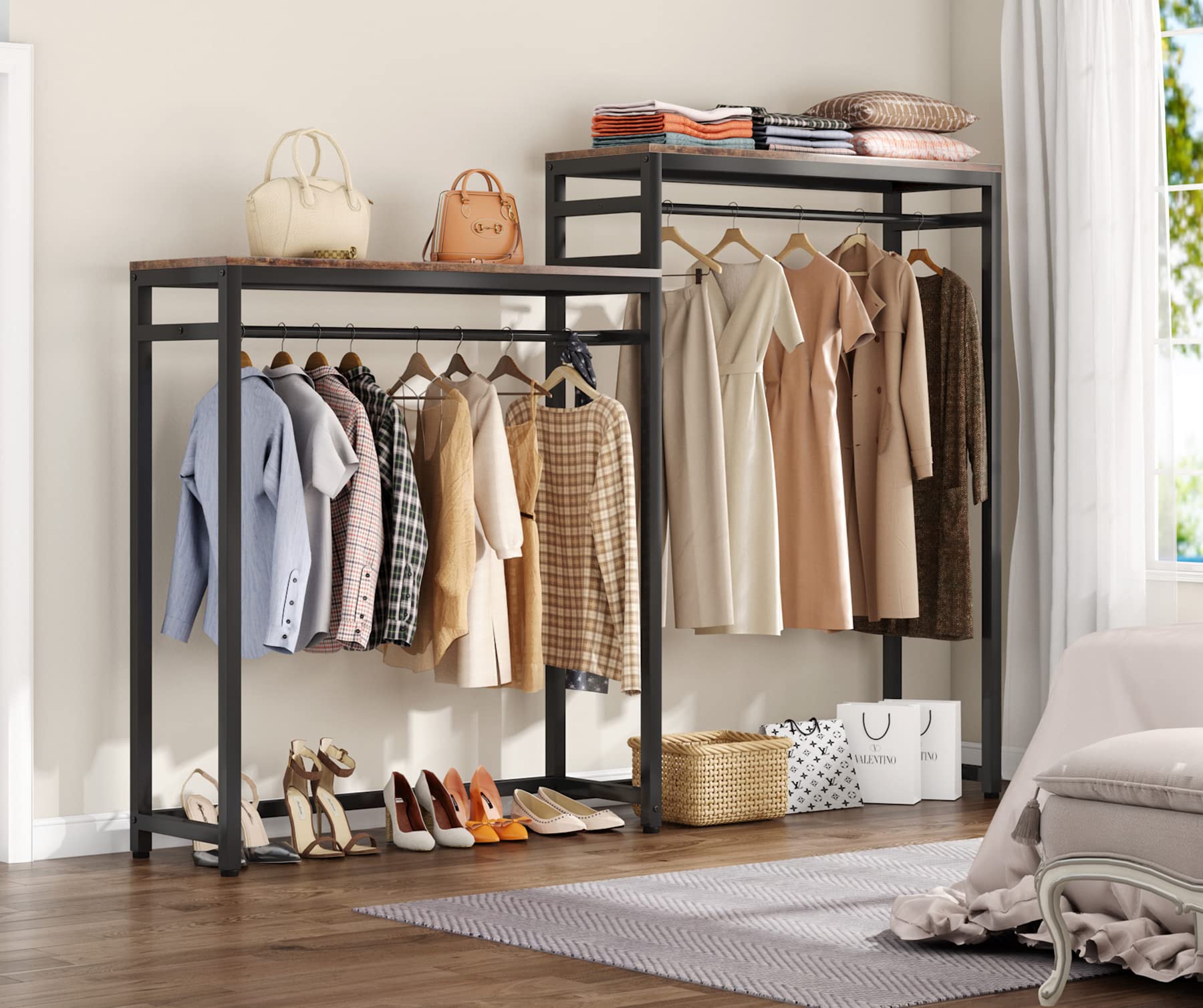 Tribesigns Free Standing Closet Organizer, Clothes Garment Racks with Storage Shelves and Double Hanging Rod, Heavy Duty Metal Wardrobe Closet Storage Clothing Shelving for Bedroom (Rustic Brown)