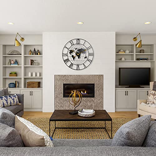 Large World Map Wall Clock, Metal Minimalist Modern Clock, Round Silent Non-Ticking Battery Operated Wall Clocks for Living Room/Home/Kitchen/Bedroom/Office/School Decor (24 Inch)