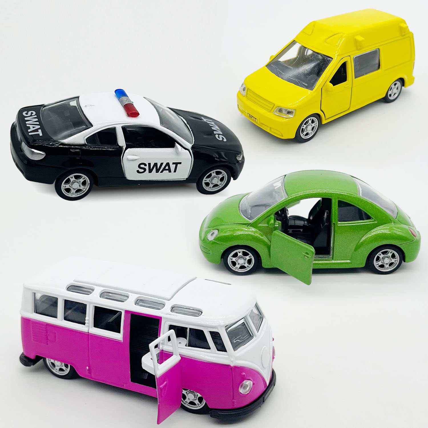 weilaga 5 Pack Die-cast Pull Back Vehicles,Mini Alloy Metal Models Car Toys,School Bus,Police Car with Openable Doors for Kids Boys Girls
