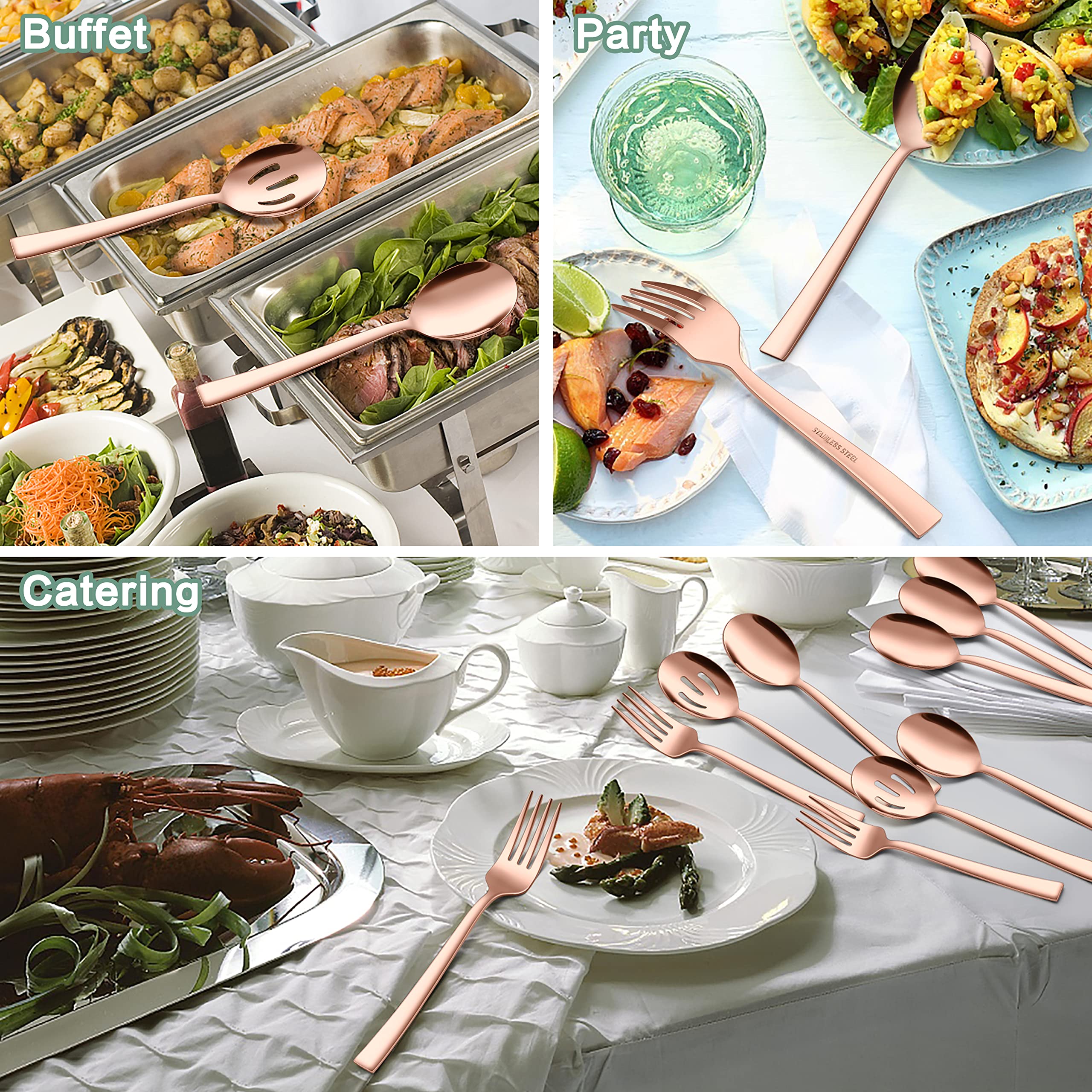 Black Serving Utensils Set of 6, E-far Stainless Steel 8.7 Inch Hostess Serving Set with Square Edge, Metal Serving Slotted Spoons Forks for Party Buffet Catering, Mirror Finished