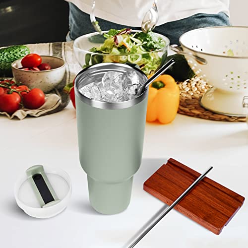 Serborni 40 oz Tumbler With Handle and 3 Straws Lid, Insulated Tumblers Stainless Steel Travel Coffee Mugs For Hot and Cold(Bay Leaf)