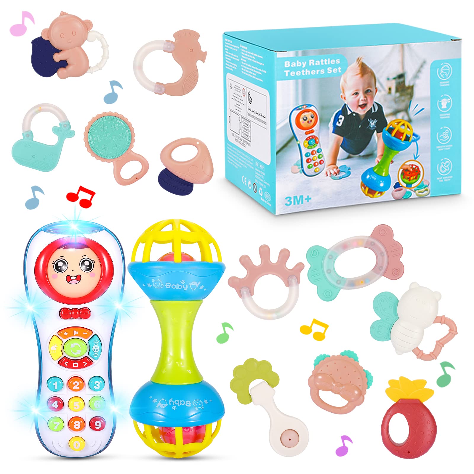 WOSTOO Baby Toys 0–6 Months, Baby Teething Toys Early Educational Learning Toys Gifts, Including Infant Shaker Grab and Spin Rattle with Music and Light for Infant Newborn Boys Girls