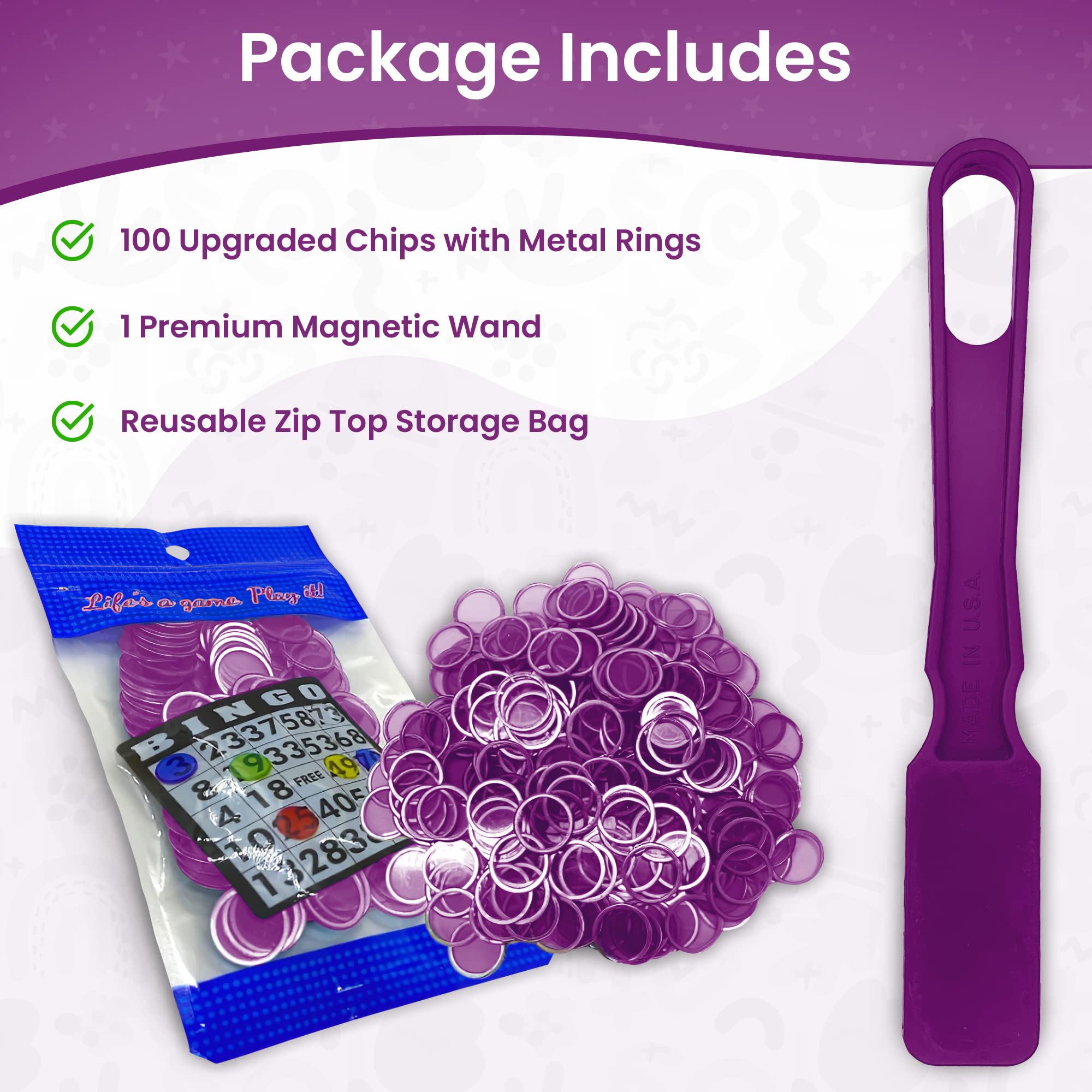 MR CHIPS Made in USA Bingo Magnetic Wand & ¾ Inch Purple Plastic Chips with Metal Rings - 100 Upgraded Pieces Bingo Chips Magnetic, Support American Jobs
