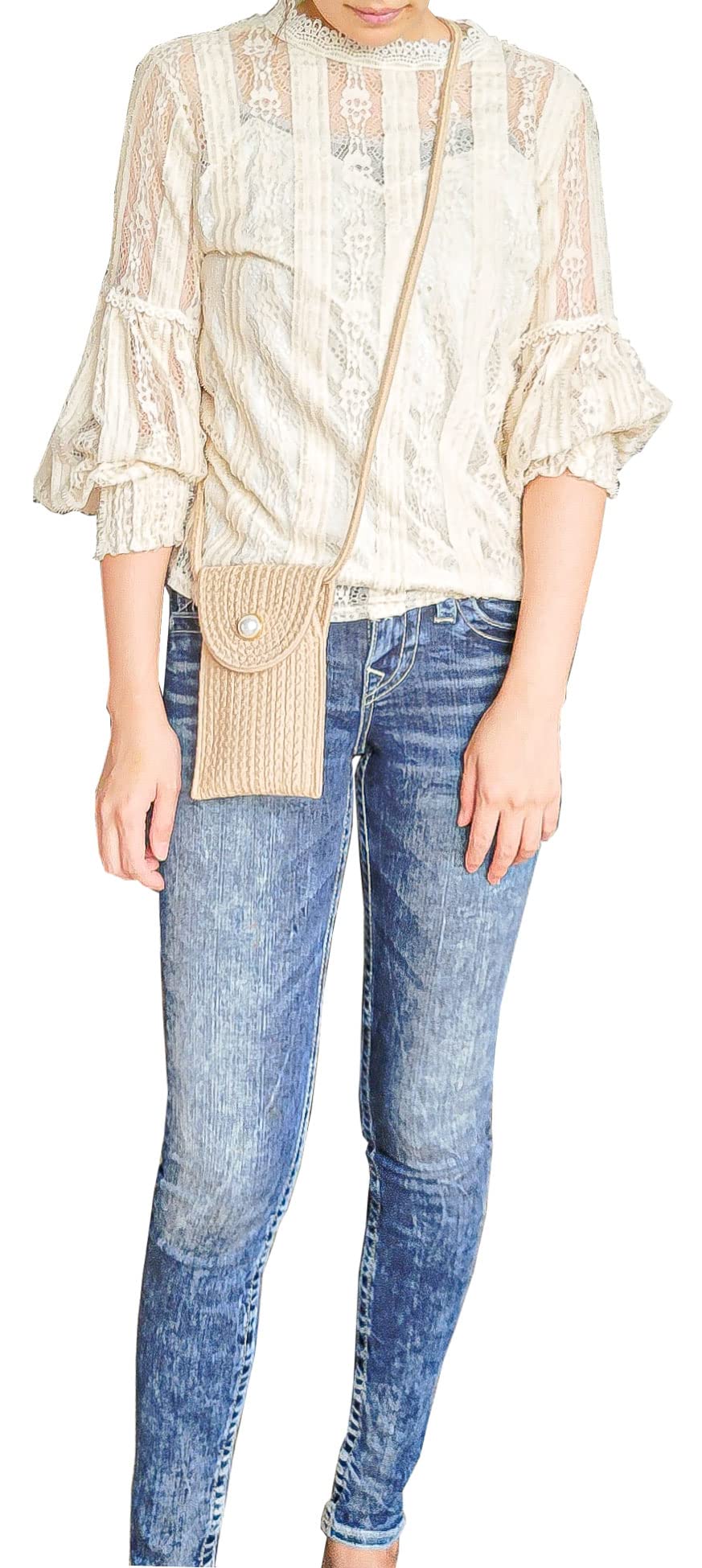 Woven Rattan Hand Crochet Crossbody Fabric bag (Cell Phone, Card Pocket) (Black)