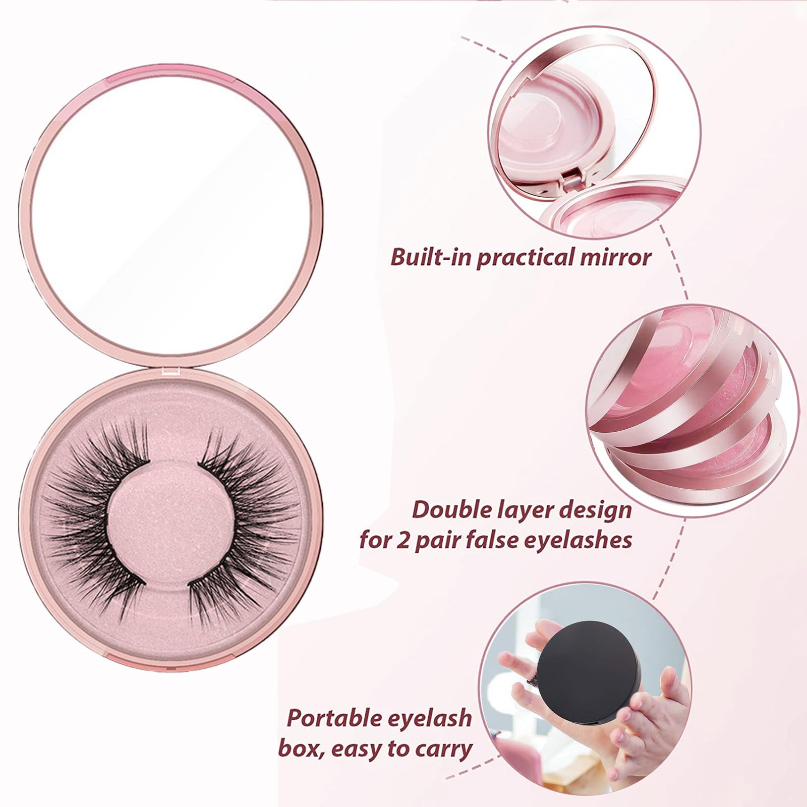 BUCICE Eyelash Case, 3 Layers Circle Eyelash Storage Box with Mirror, Empty Travel Lash Case Place Eyelashes Cosmetic Case for Women and Girls (Rose Gold)