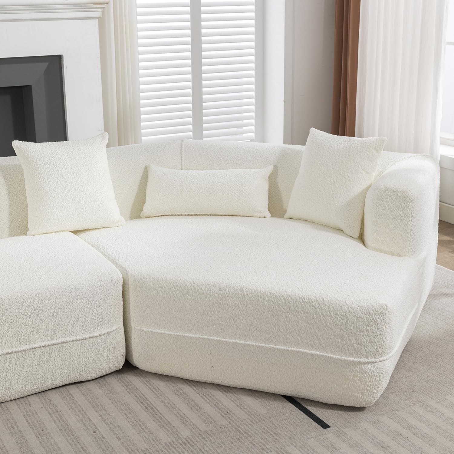 HanStrong Modular Sectional Sofa Curved Sponge Couch Modern Minimalist Upholstered Sleeper Sofa, 2pcs Free Combination Anti-Wrinkle Boucle Fabric Sofa for Living Room Apartment, White