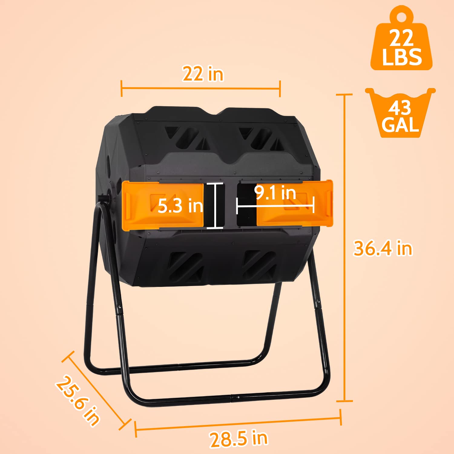 Composting Bins 43 Gallon Outdoor Tumbling Compost Bin Compost Tumbler Bucket Trash Can w/Dual Chamber Sliding Doors for Garden Patio,Orange Door