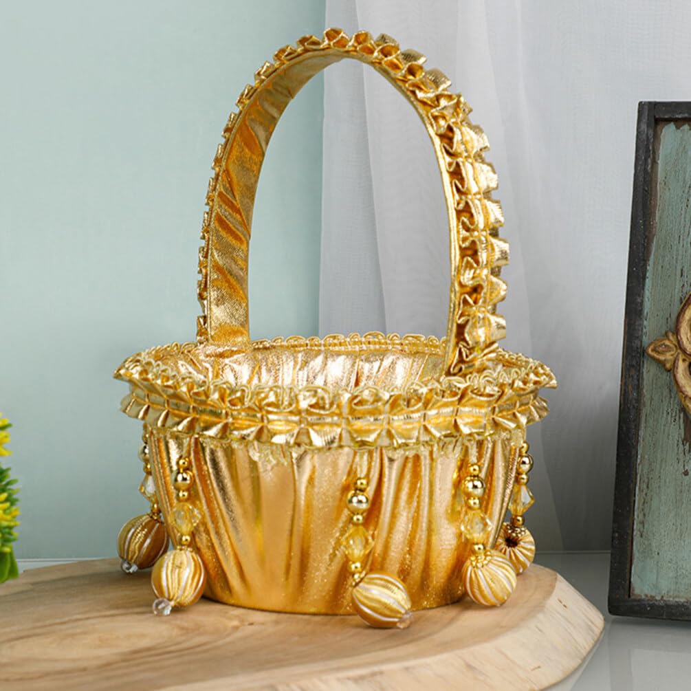 Golden Flower Girl Baskets for Wedding Flower Girl Basket Handle Baskets with Beaded Tassel Bridal Rose Petals Basket Rustic Picnic Storage Basket for Easter