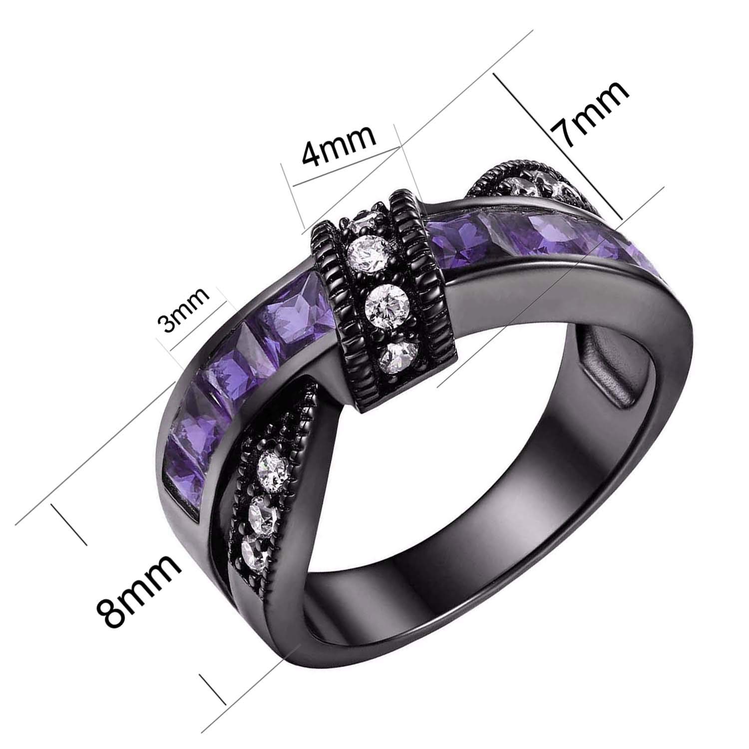 Black Stainless Steel Princess Cut Purple CZ Criss Cross Rings Wedding Engagement Ring For Women Crossover size 6