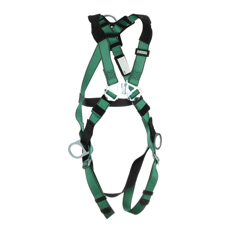 MSA 10197231 V-Form Full Body Safety Harness - Size: Extra Large, D-Ring Configuration: Back/Hip, Qwik Fit Leg Straps, Color: Green, Full Body Harness, Durable, Fall Protection