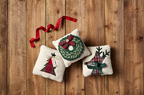 Mud Pie Christmas Mini Hook Wool Pillow, 8" x 8", Tree 103 Count
