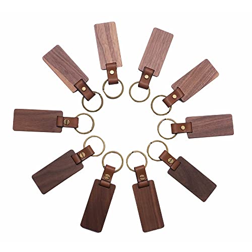 POVOKICI 10 Pack Blank Wood Keychain, Rectangle Walnut Keychains with Leather Strap, Personalized Key Tags for DIY Car Ornament Gift, Key Ring Gift Craft for Birthday, Engraving Gift
