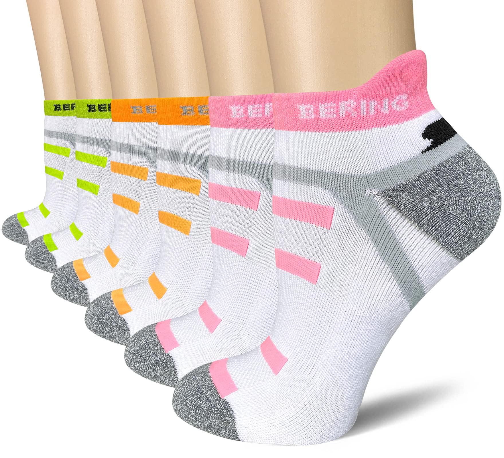 BERING Women's Performance Athletic Ankle Running Socks, Size 7-9, White, 6 Pairs