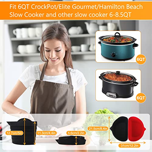 Slow Cooker Liners, Silicone Crock-Pot Liners Fit 6 QT Pot, Reusable/Leakproof/Silicone Divider Insert, Dishwasher Safe Liners for 6 Quart Oval Slow Cookers(Red+Black)