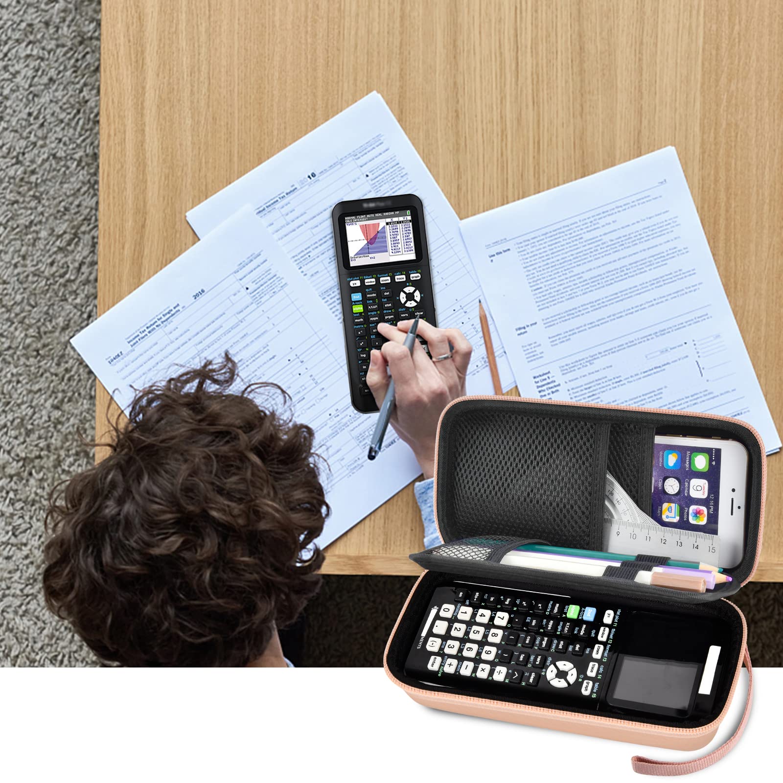 Case Compatible with Texas Instruments TI-84 Plus CE/TI-84 Plus/TI-83 Plus/TI-30XS / TI-36Pro Graphing Calculator, Scientific Calculators Box for Ruler, Rubber, Pencil and Other- Rosa (Case Only)