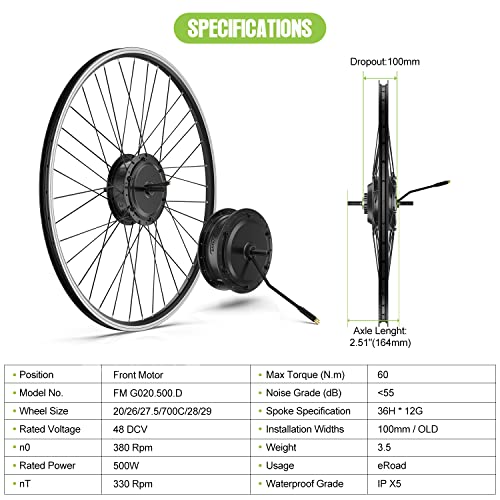 BAFANG 48V 500W Front Hub Motor Electric Bike Conversion Kit for 26inch Wheel Drive Engine with Display with Battery (C961,Rear Battery 48V 17.5Ah)