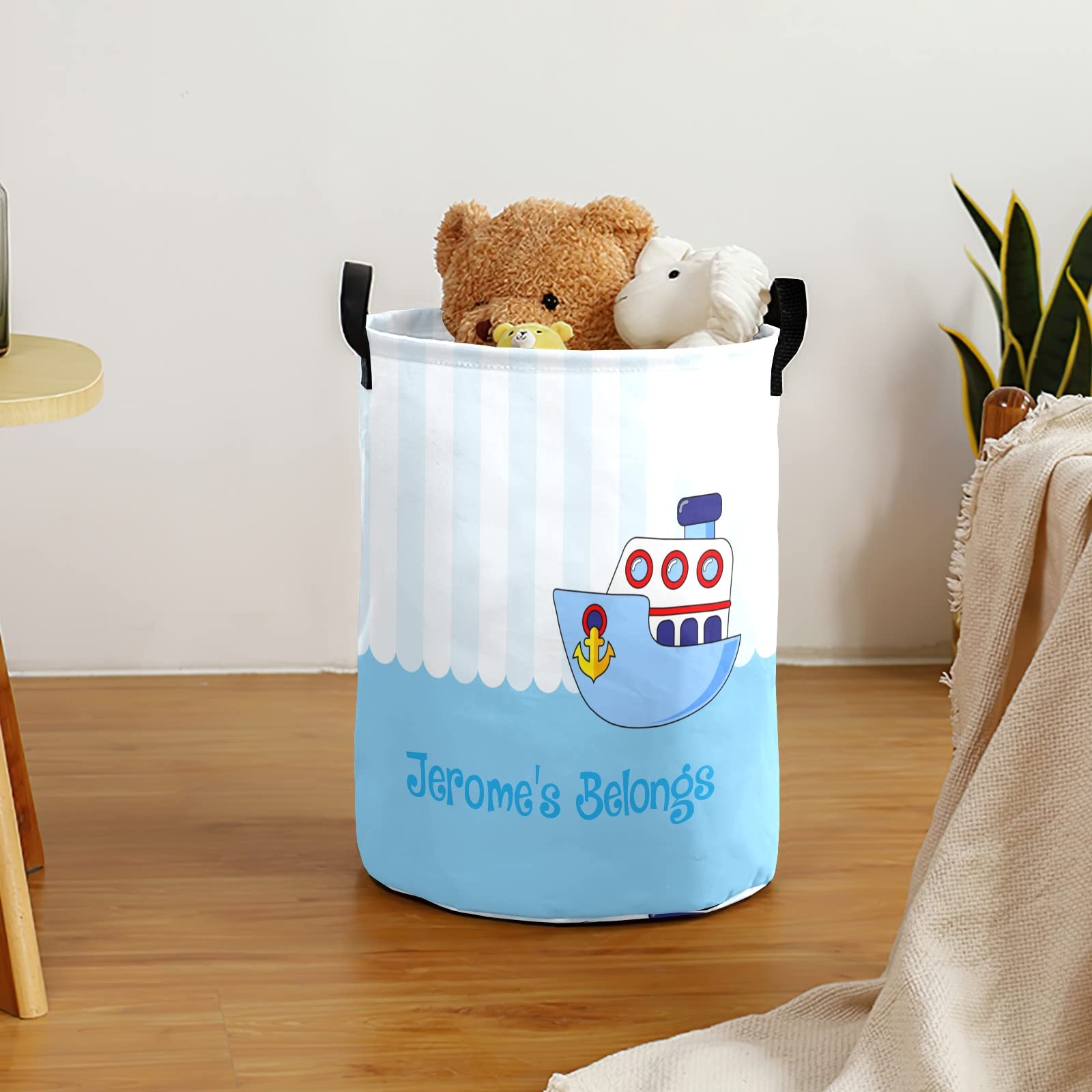 Custom Laundry Hamper, Cartoon Striped Blue Ship Boat Laundry Basket Round Clothes Storage Basket for Bedroom, 14.17x19.68 in