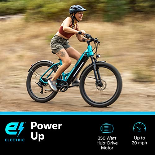 Schwinn Coston CE Hybrid Electric Bike for Adults, 20MPH eBike, Up to 35 miles on a Single Charge, 27.5-Inch Wheels, 7-Speed, Large/X-Large Step-Thru Frame, Gloss Teal