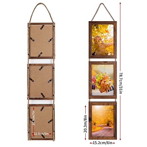 Lavezee 5x7 Collage Triple Picture Frames Set, Walnut Brown 6 Opening Hanging Vertical Frame Made to Display 5 by 7 Inch Photo Print for Wall Decor